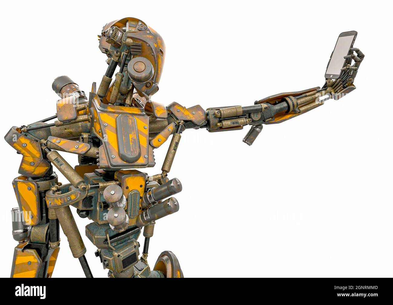 mega drone soldier robot is holding a cellphone and taking a self, 3d ...