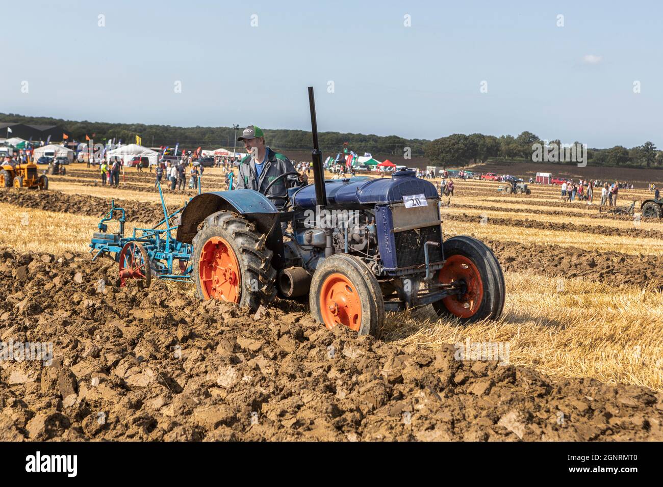 A classic old blue Fordson tractor ploughing at a competition Stock ...