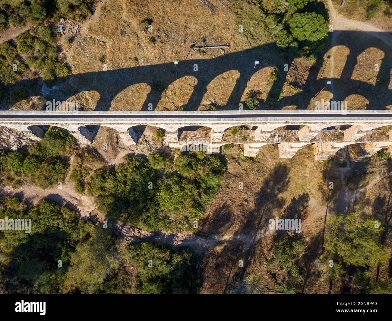 Aerial view of Ancient roman bridge aqueduct Pont del Diable or Devil's ...