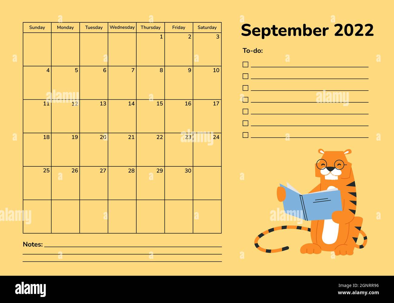 Horizontal planner 2022 with tiger. September calendar page. Organizer ...