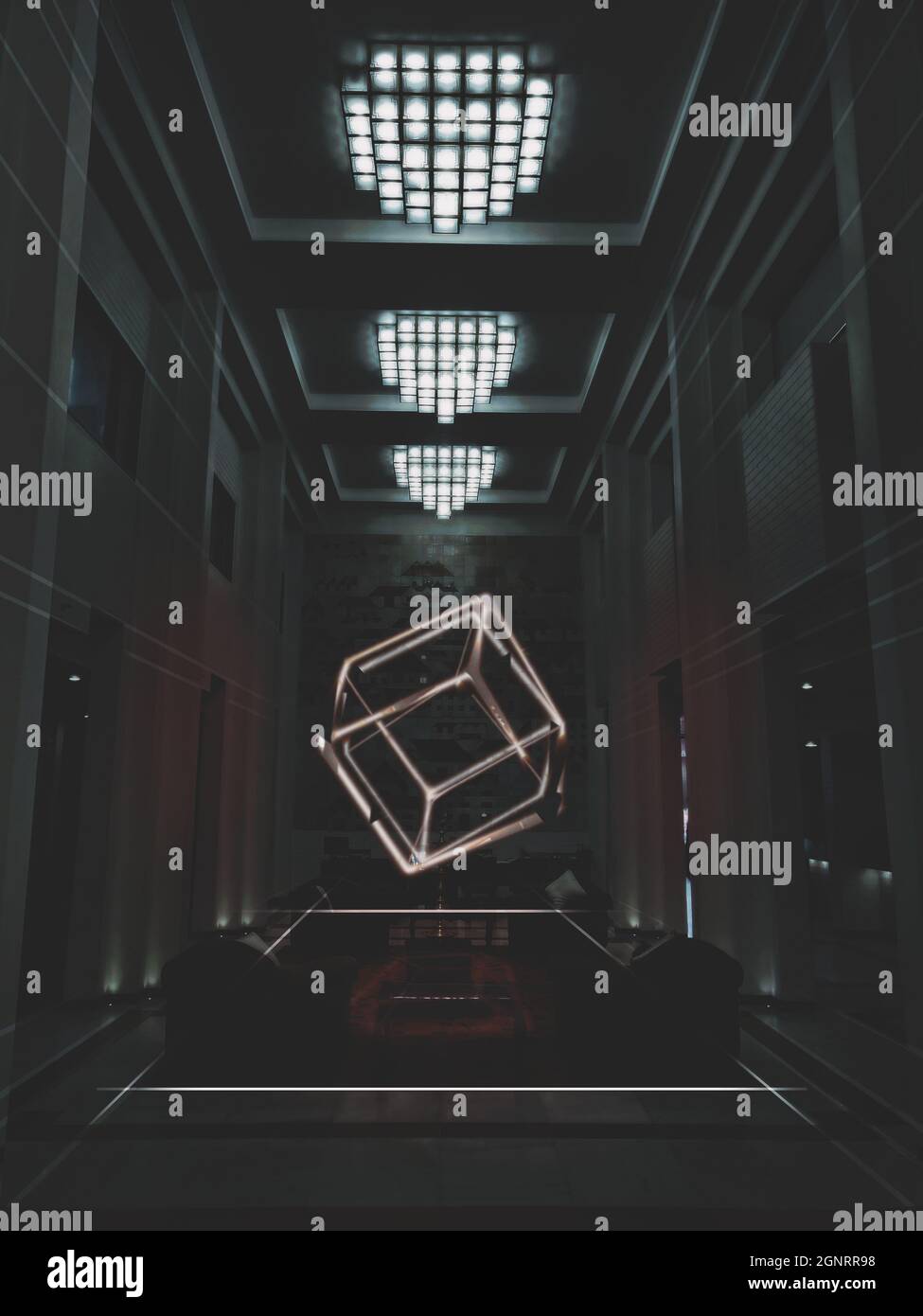 digital illustration of a cuboid floating in a building interior with ...