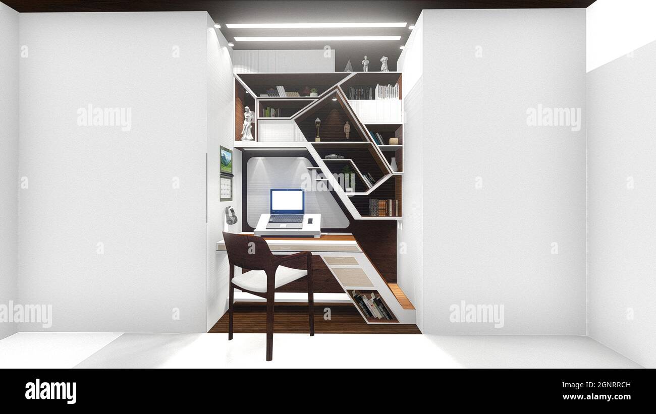 three dimensional illustration of wooden computer desk setup Stock ...