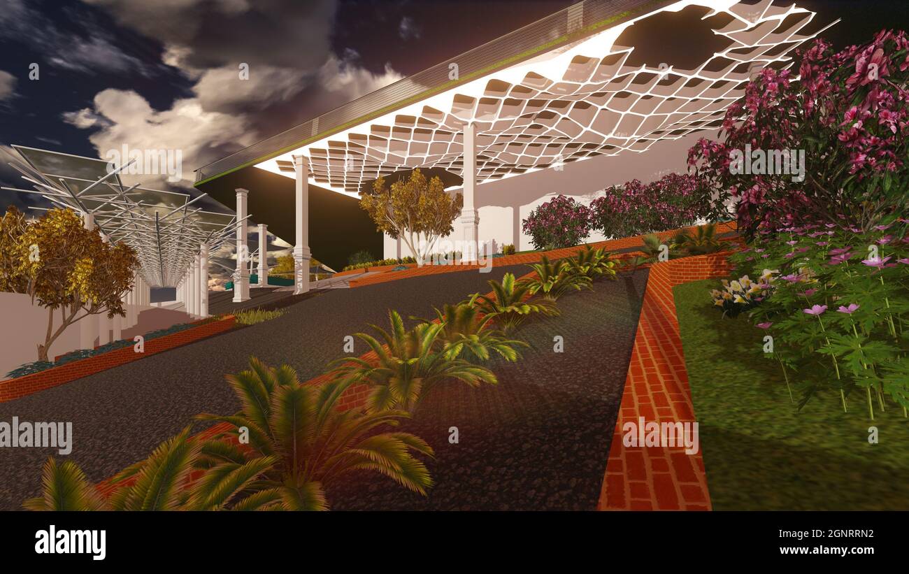 three dimensional illustration of a park interior with ceiling lights ...