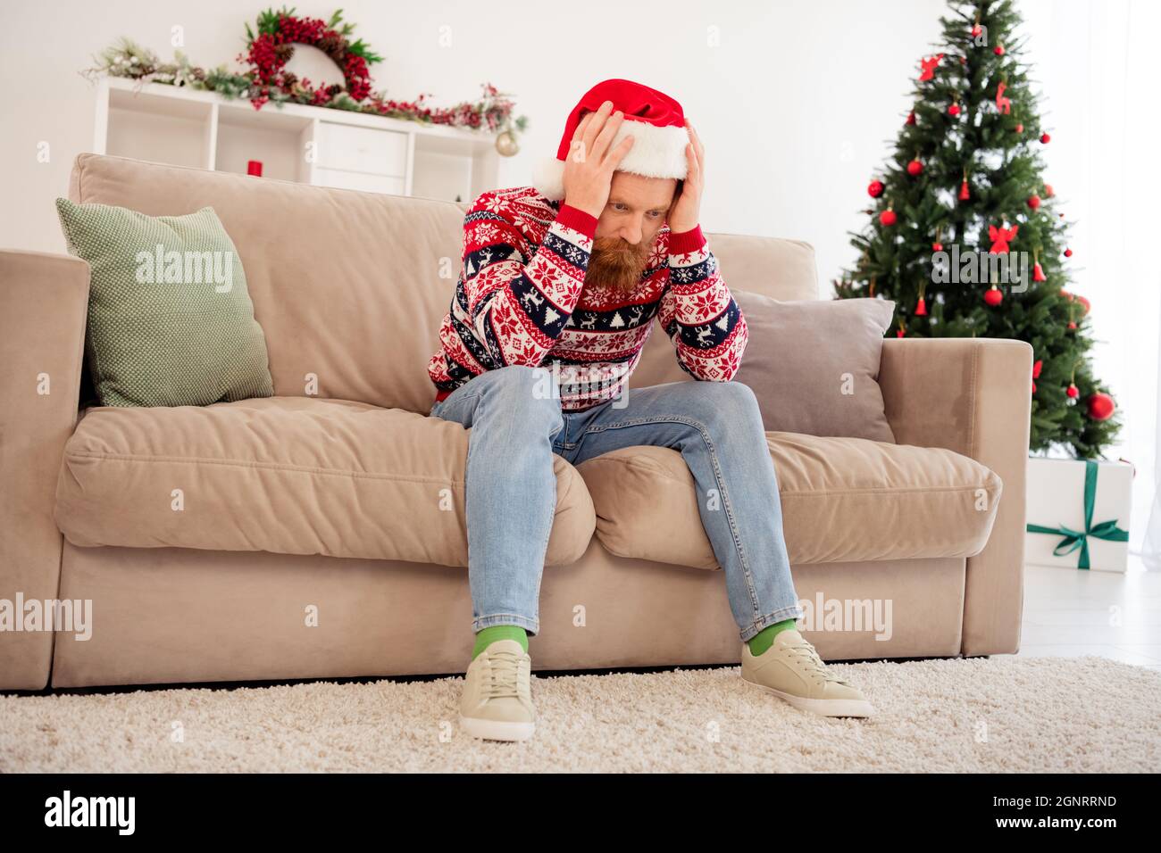 Full size photo of stressed depressed unhappy guy hate new year ...