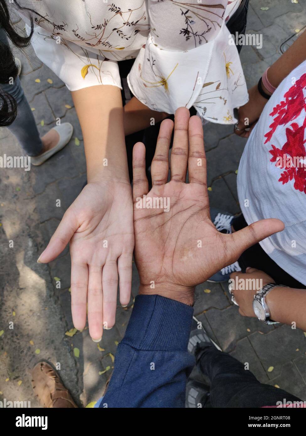 two palms with different complexion held together Stock Photo - Alamy
