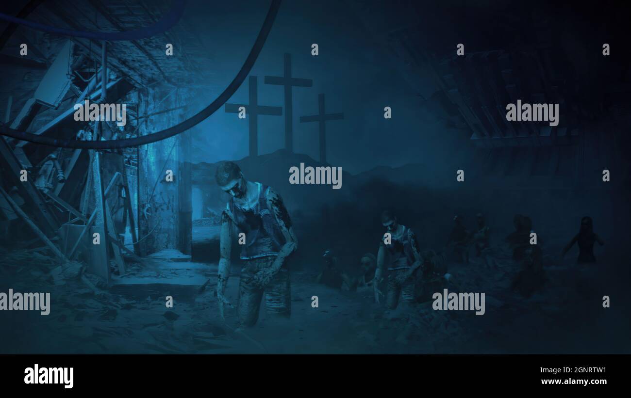 3d illustration - Post apocalyptic scene with zombie Stock Photo - Alamy