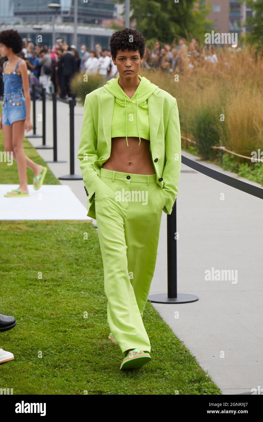 MILAN, ITALY - SEPTEMBER 25, 2021: MSGM fashion show, model on the ...