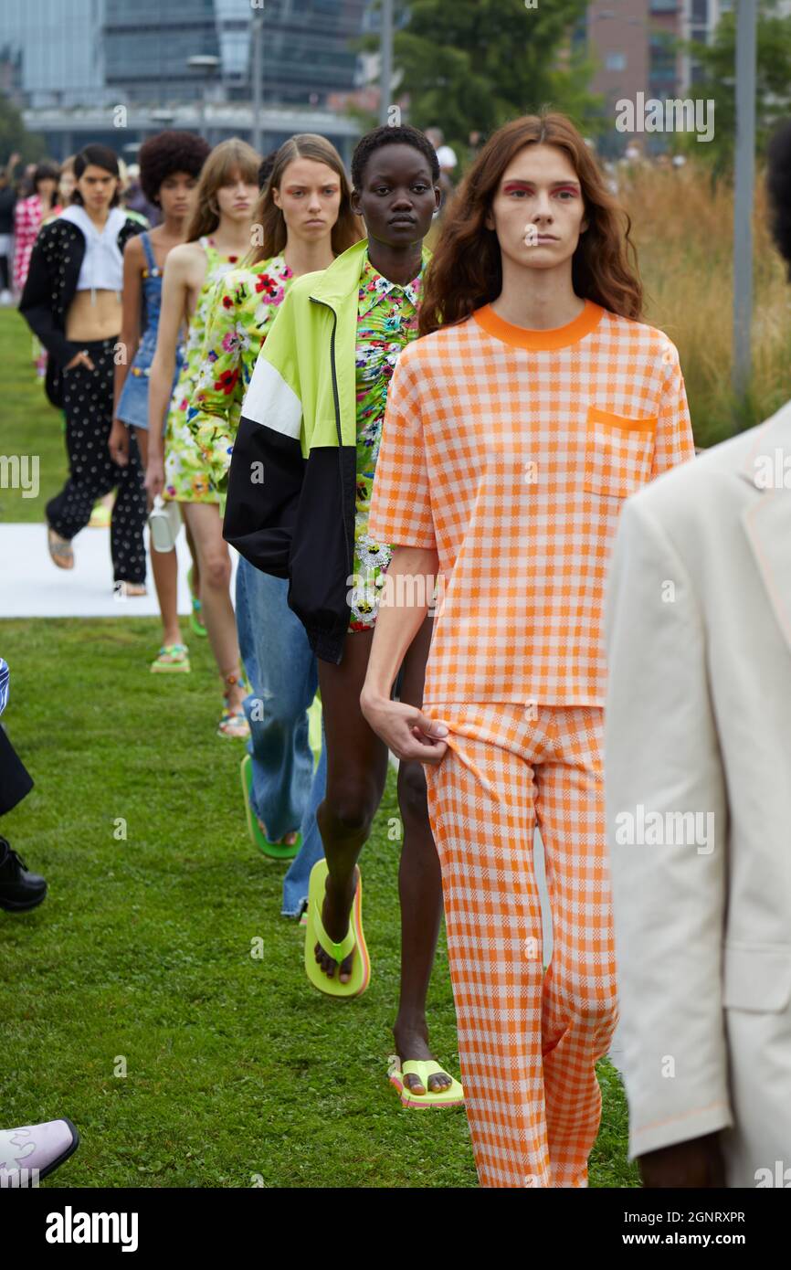 MILAN, ITALY - SEPTEMBER 25, 2021: MSGM fashion show, models on the ...