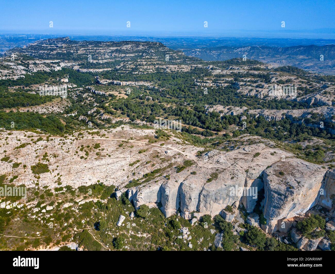 Aerial view of La Sierra de Montsant Natural Park landscape with ...