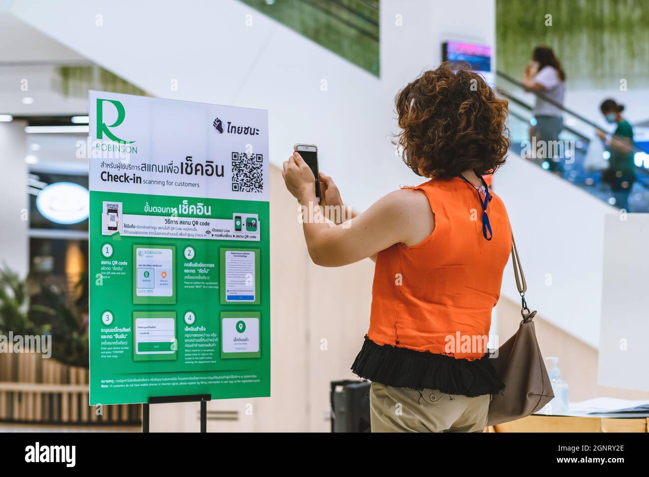 KANCHANABURI,THAILAND-JULY 11,2020: Unidentified customers need scan QR CODE to go to the Thai ...