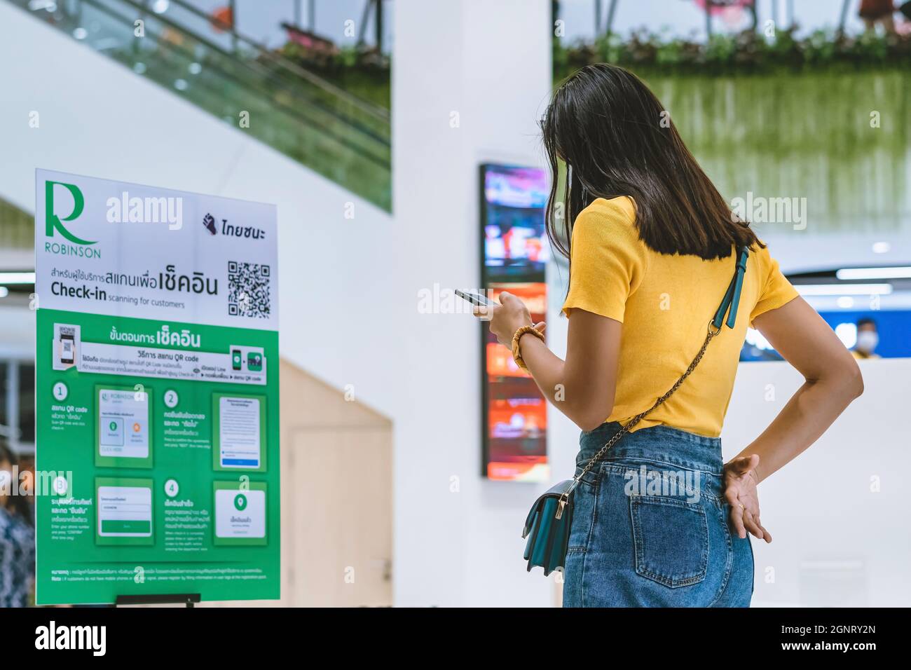 KANCHANABURI,THAILAND-JULY 11,2020: Unidentified customers need scan QR ...
