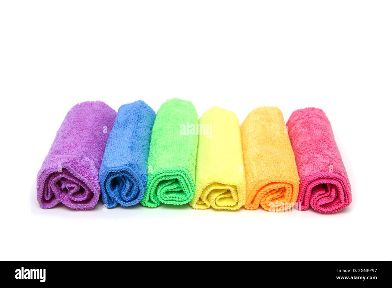 The row of the different colorful micro fibre rags ordered in a white ...