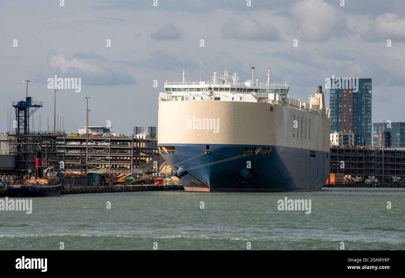 Southampton docks, England, UK. 2021. Vehicle carrier ship and multi ...