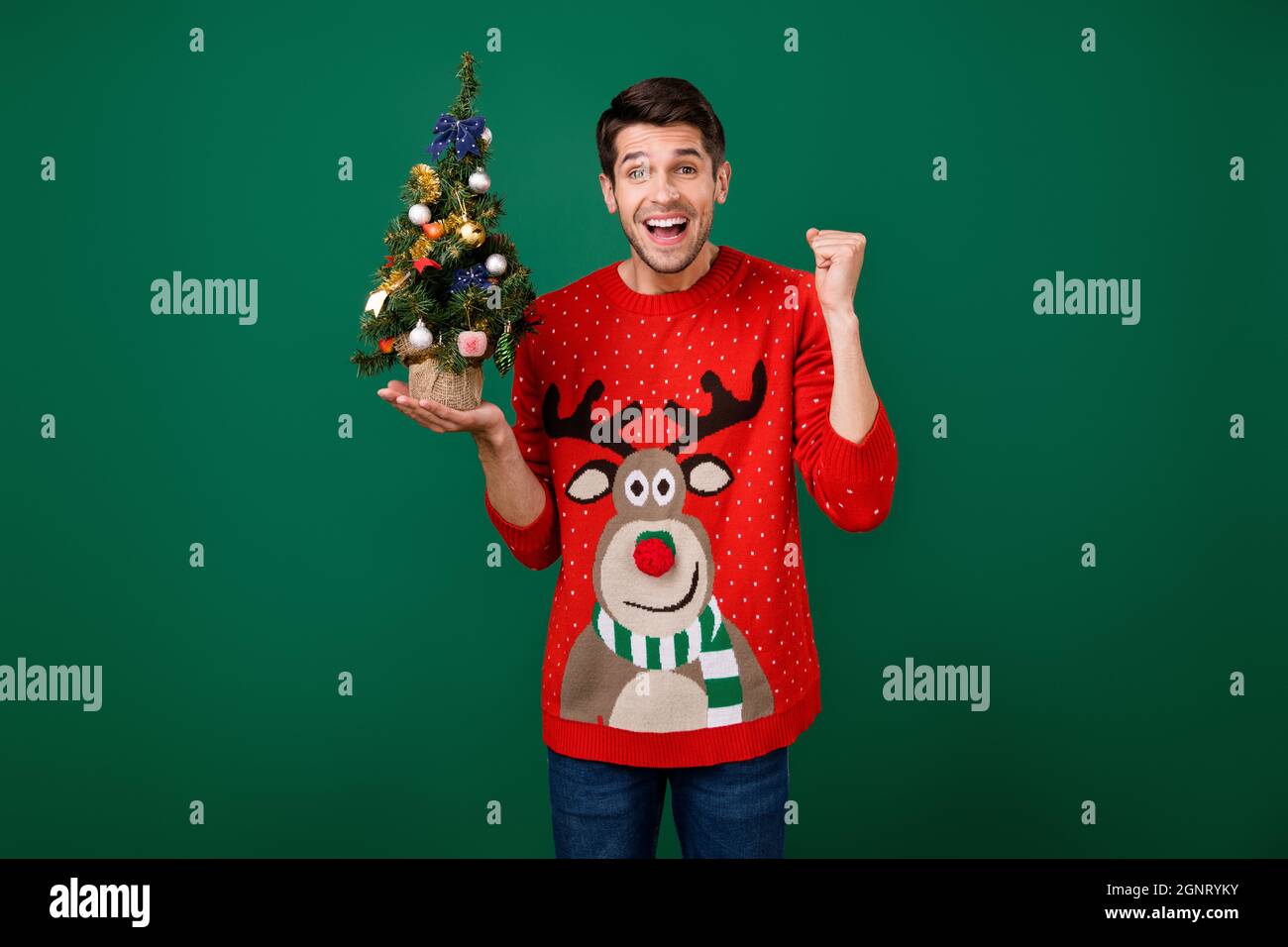 Photo of young excited man happy positive smile hold little evergreen ...