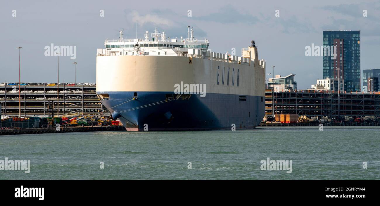 Southampton docks, England, UK. 2021. Vehicle carrier ship and multi ...