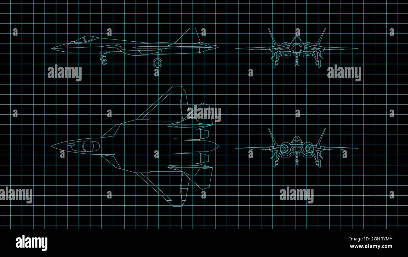 3d illustration - Technical Drawing of airplane design being drawn with ...