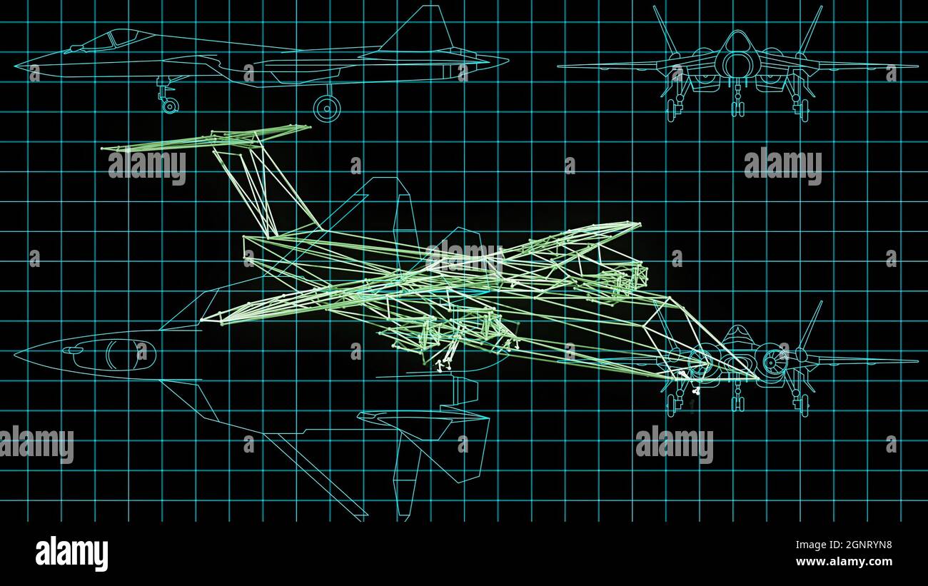 3d illustration - Technical Drawing of airplane design being drawn with ...