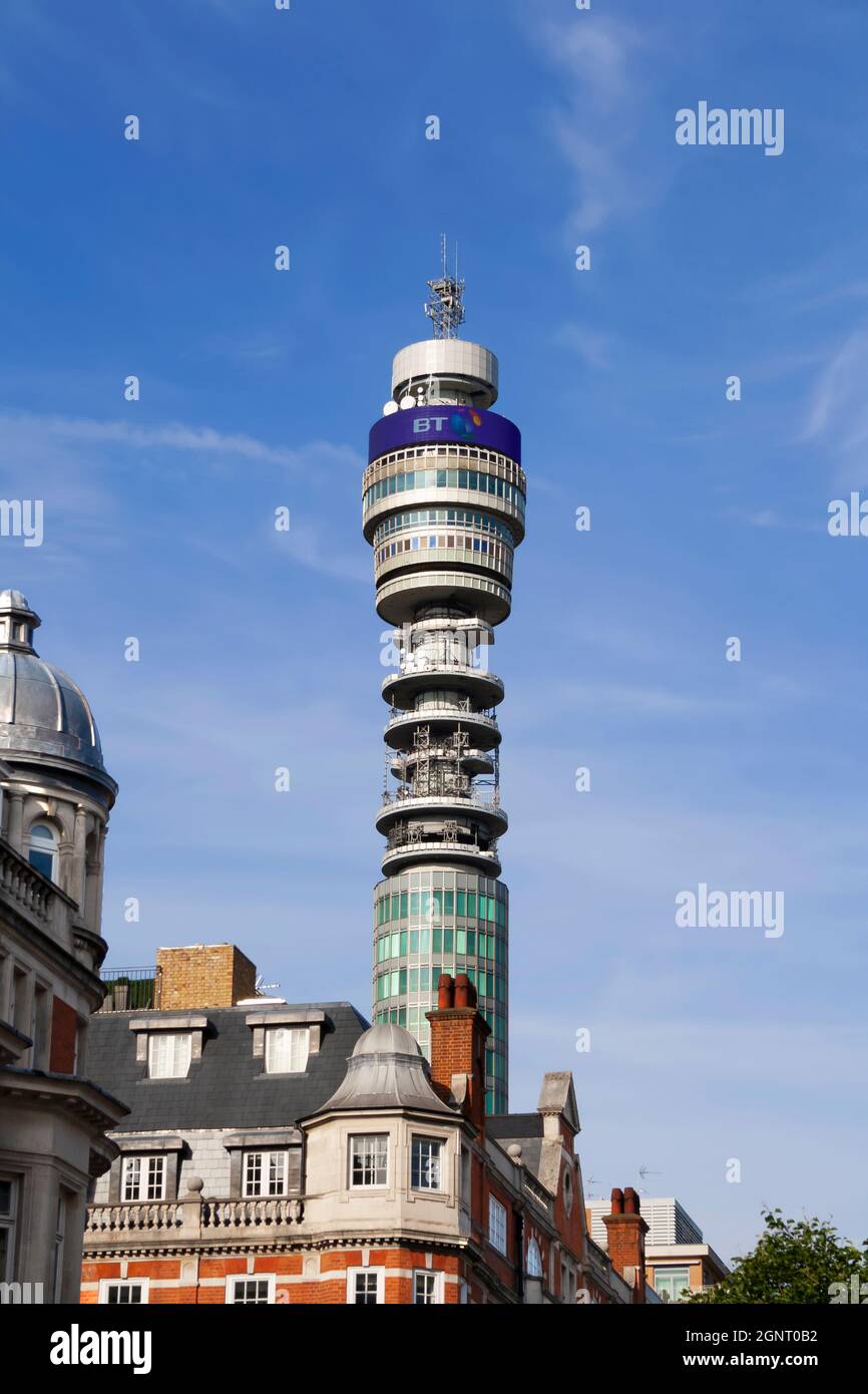 View of the BT Tower over rooftops in central London (England Stock ...