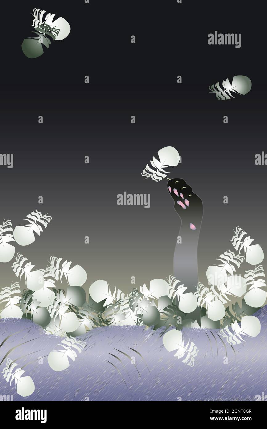 Cat catching features after having made a mess of a featherbed Stock ...