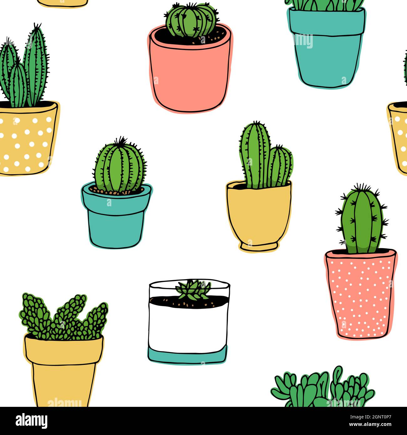 Cactus hand drawn vector seamless pattern, plant collection, houseplant illustration isolated on ...