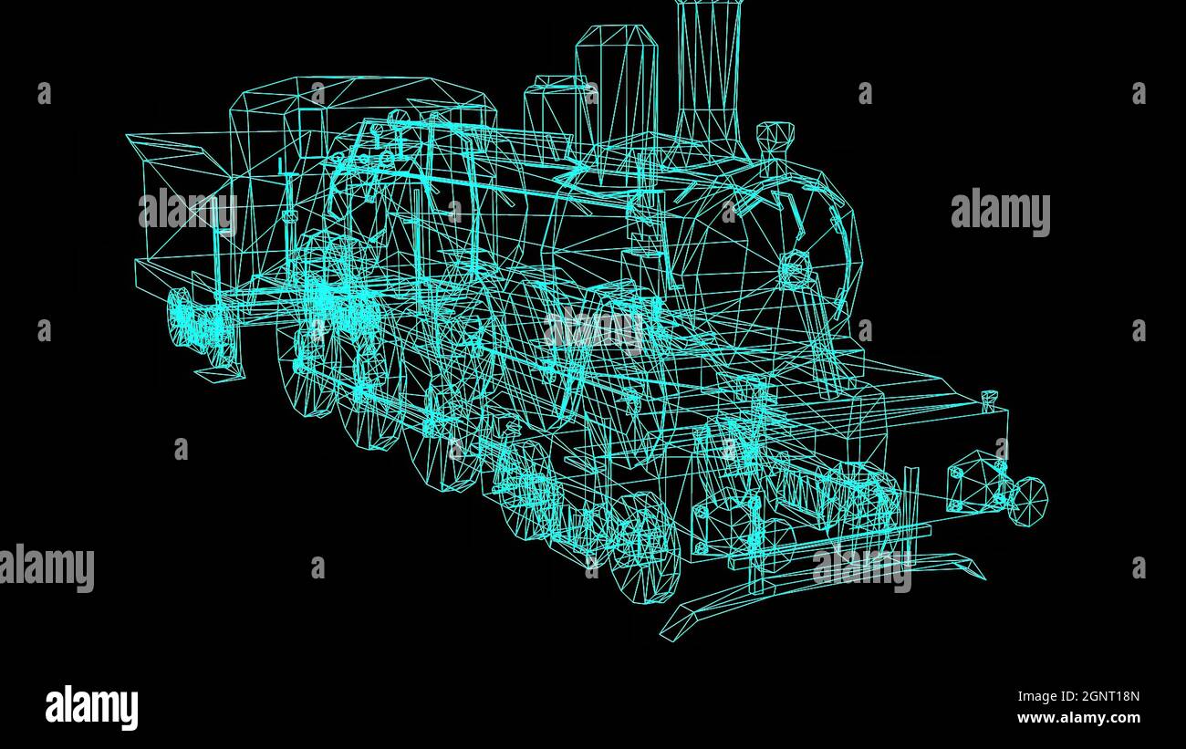 3d illustration - Wire Frame Model Of Train on a black background Stock ...