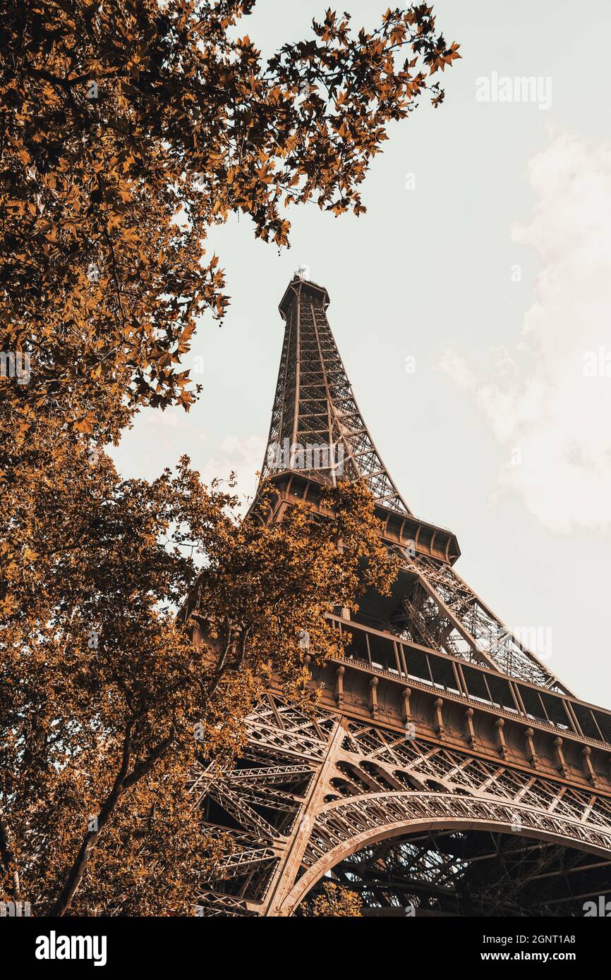 PARIS, FRANCE - Aug 27, 2021: A vertical low angle shot of the Eiffel ...