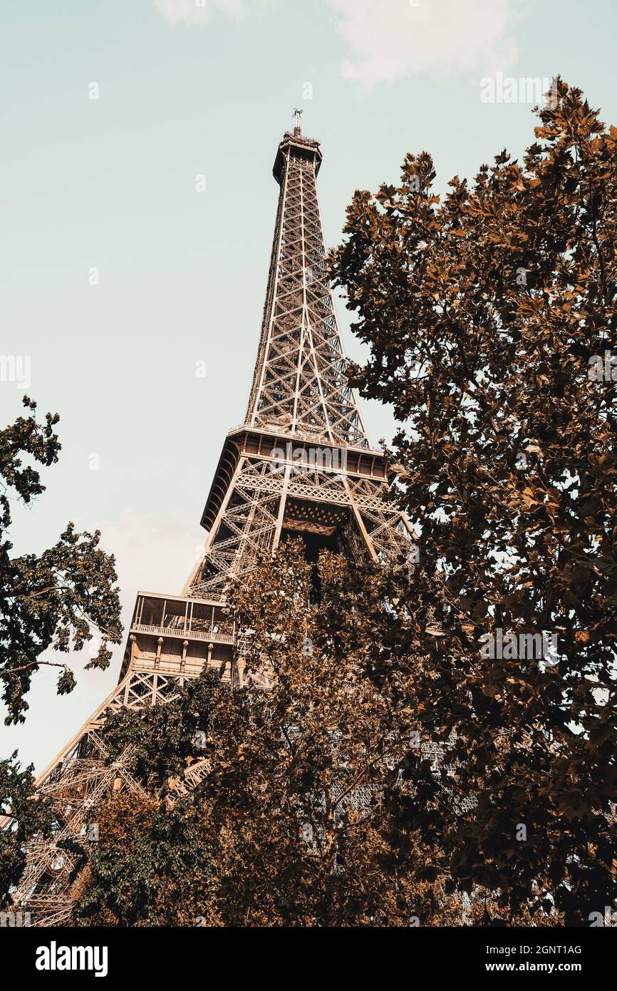 PARIS, FRANCE - Aug 27, 2021: A vertical low angle shot of the Eiffel ...