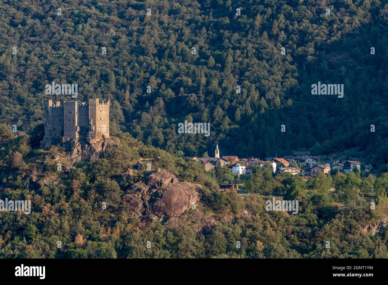 The medieval castle of Ussel, Chatillon, Valle d'Aosta, Italy, immersed ...
