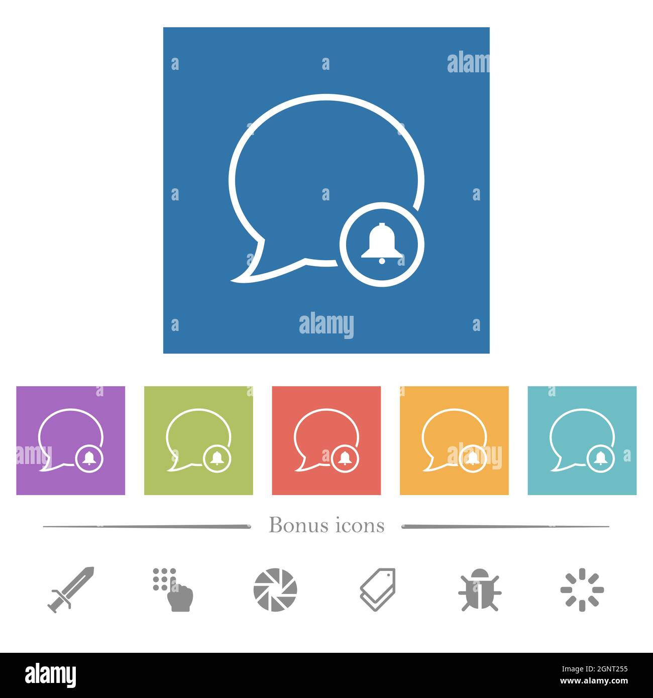 Message alarm outline flat white icons in square backgrounds. 6 bonus ...