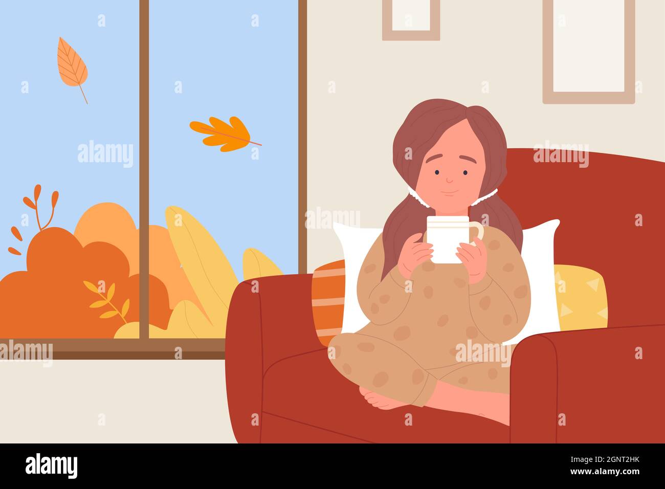 Cute girl drinking hot drink at home vector illustration. Cartoon kid ...
