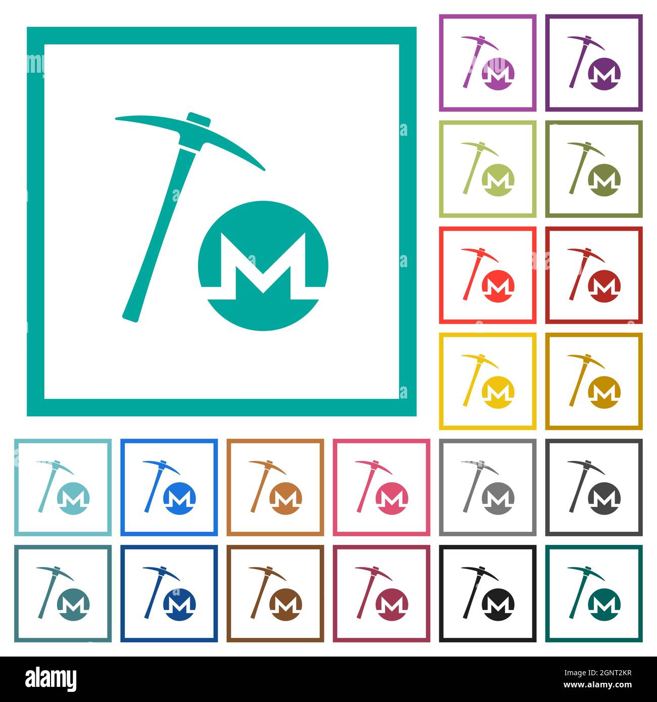 Monero cryptocurrency mining flat color icons with quadrant frames on ...