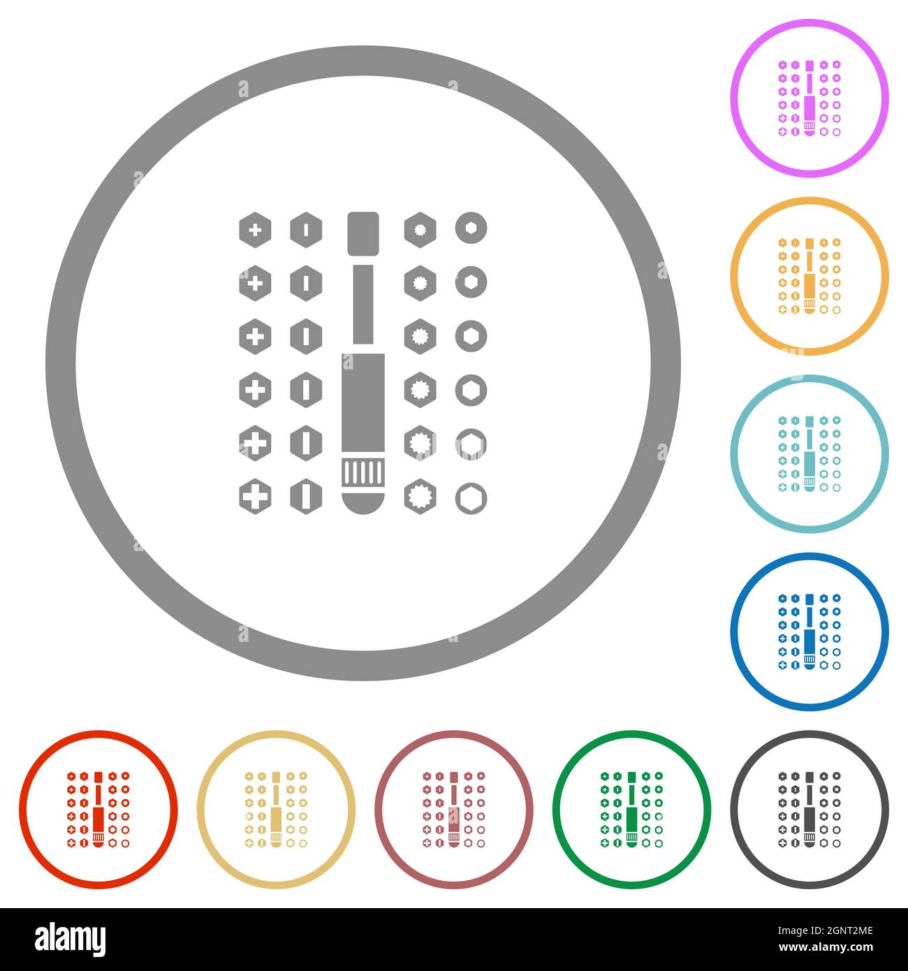 Set of screwdriver bits flat color icons in round outlines on white ...