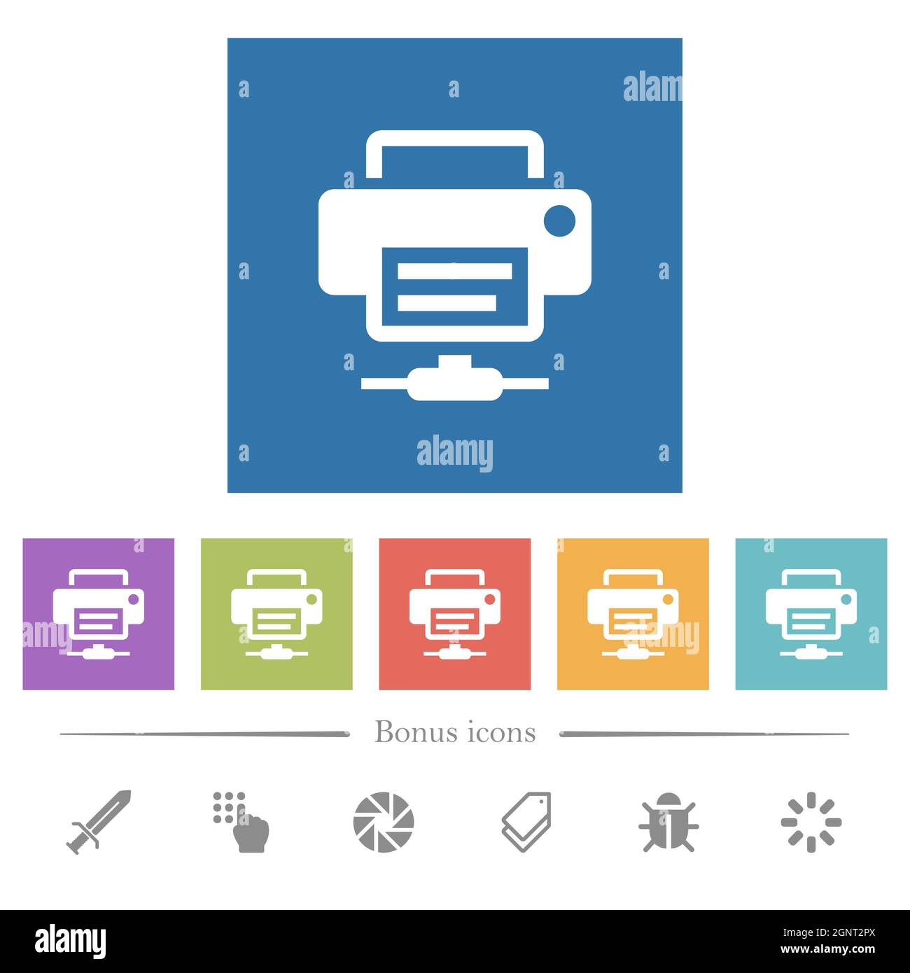 Network printer flat white icons in square backgrounds. 6 bonus icons ...
