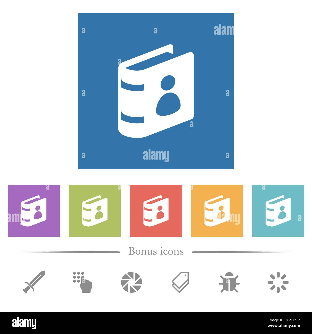 User guide books flat white icons in square backgrounds. 6 bonus icons ...