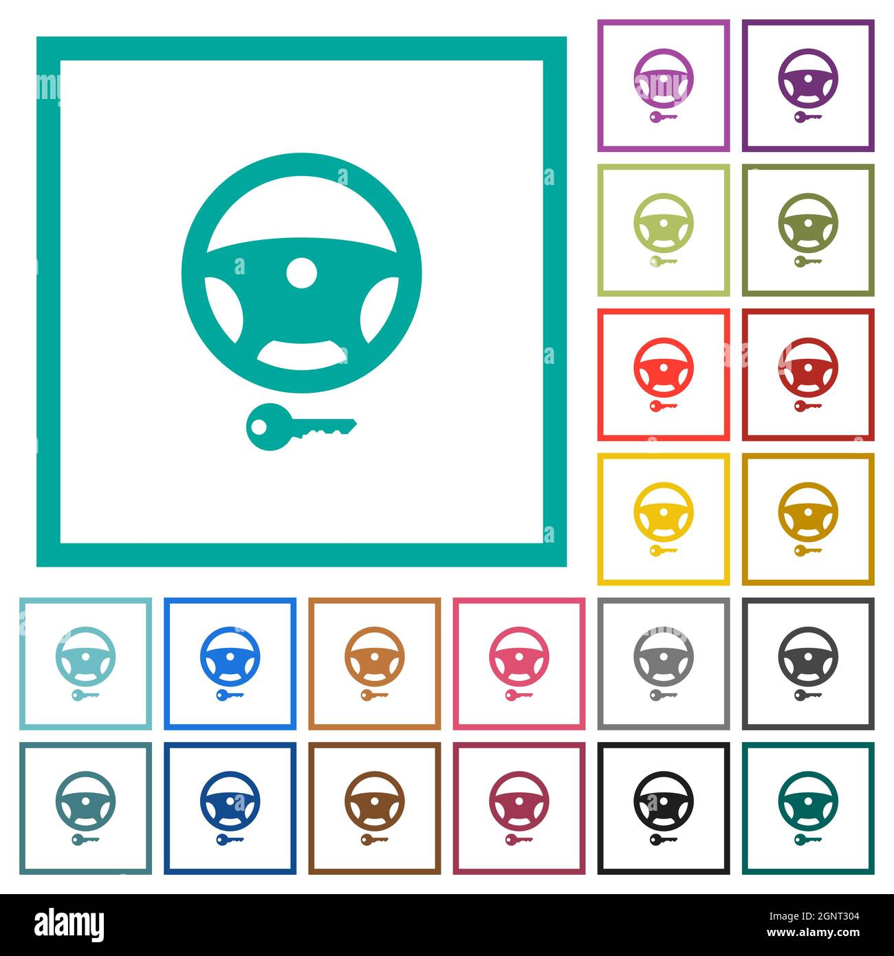 Steering lock flat color icons with quadrant frames on white background ...