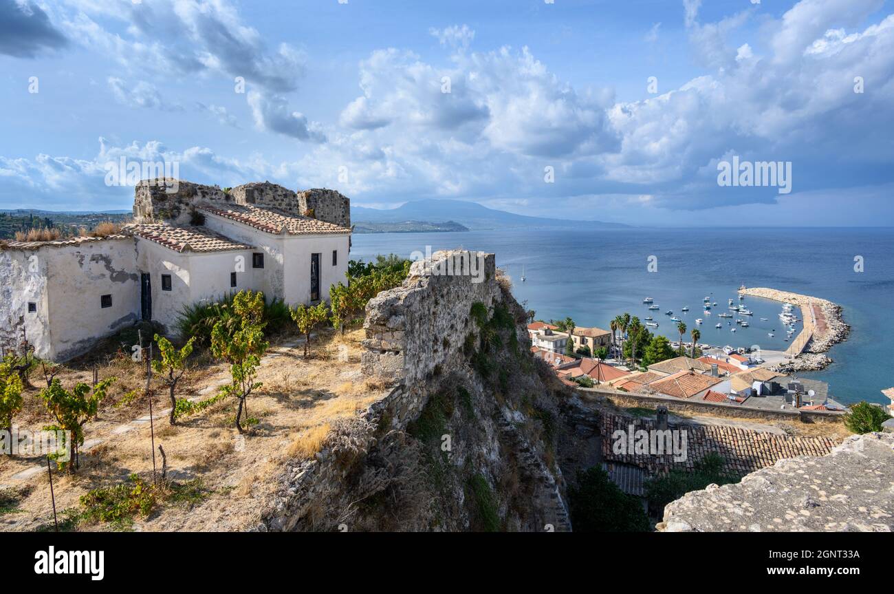 View from the Venetian fortress across the town and harbour of Koroni ...