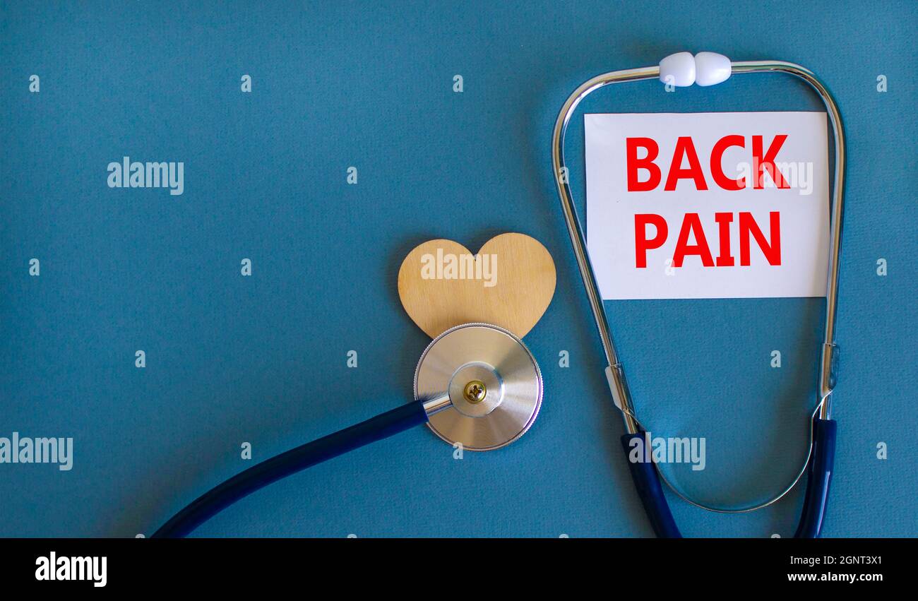 Back pain symbol. White card with words Back pain, beautiful blue ...
