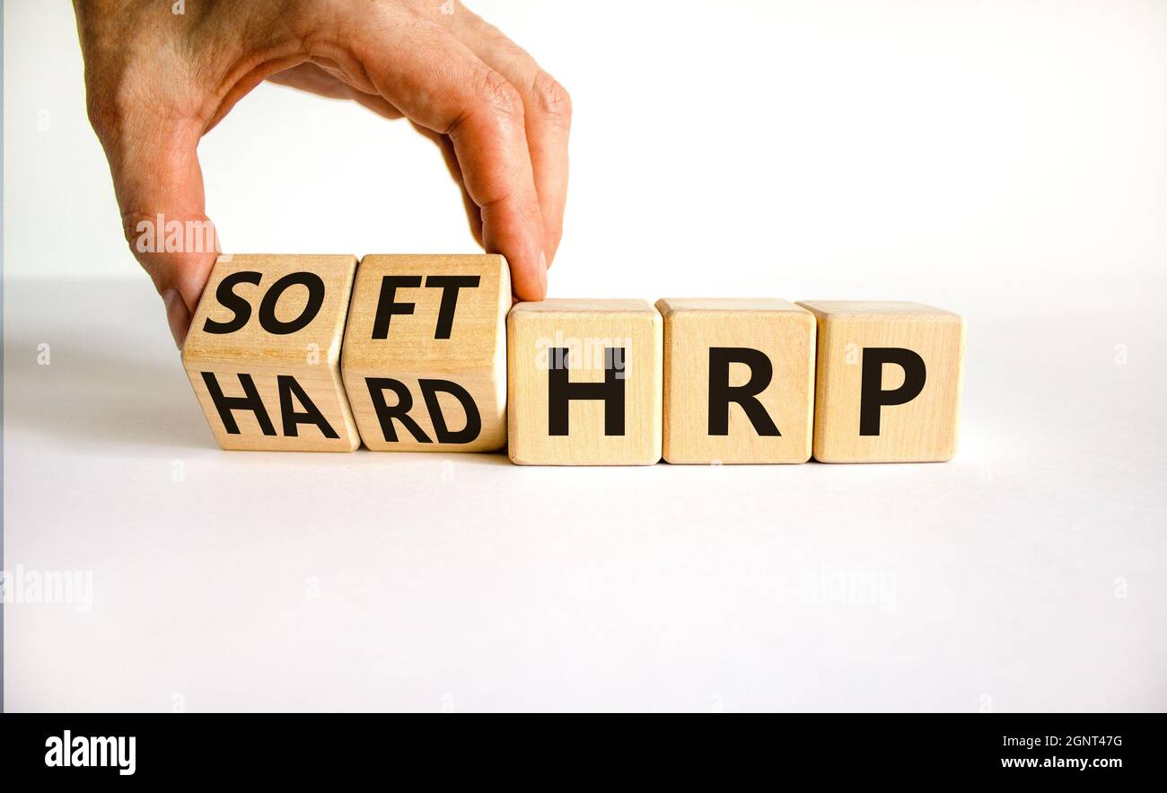 HRP, human resource planning symbol. Businessman turns wooden cubes and ...