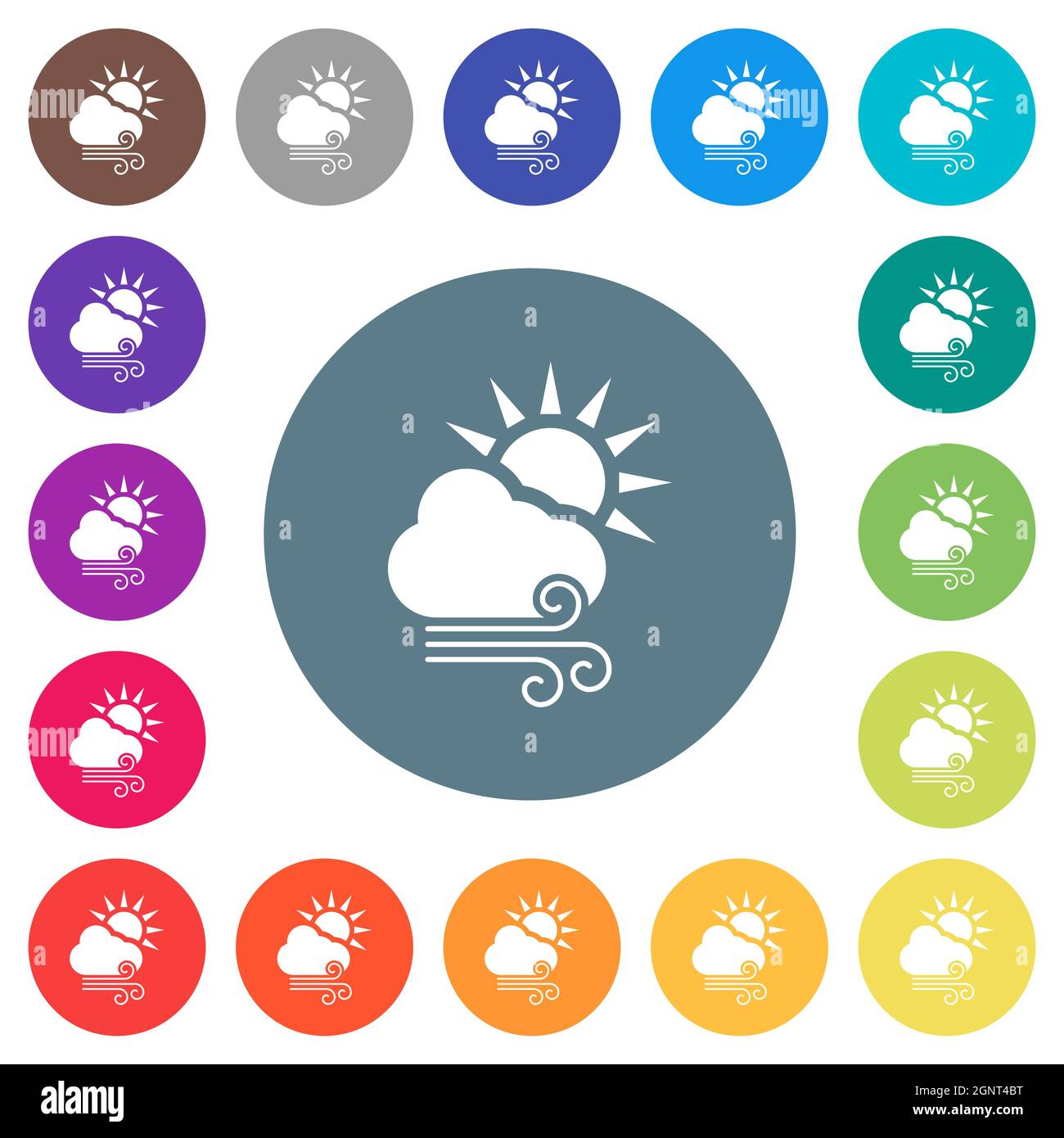 Sunny and windy weather flat white icons on round color backgrounds. 17 ...