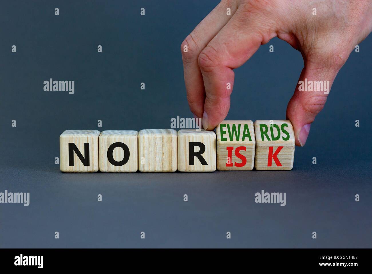 No risk and rewards symbol. Businessman turns wooden cubes and changes ...