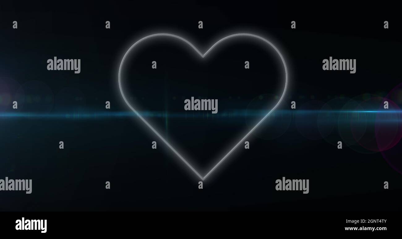 Image of white neon heart flashing with spot and moving beam of light ...