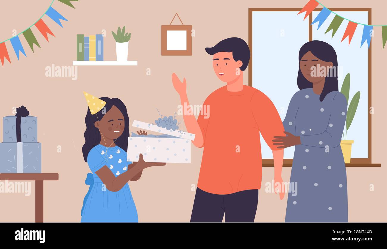 Parents give present gift to girl at children birthday party vector ...