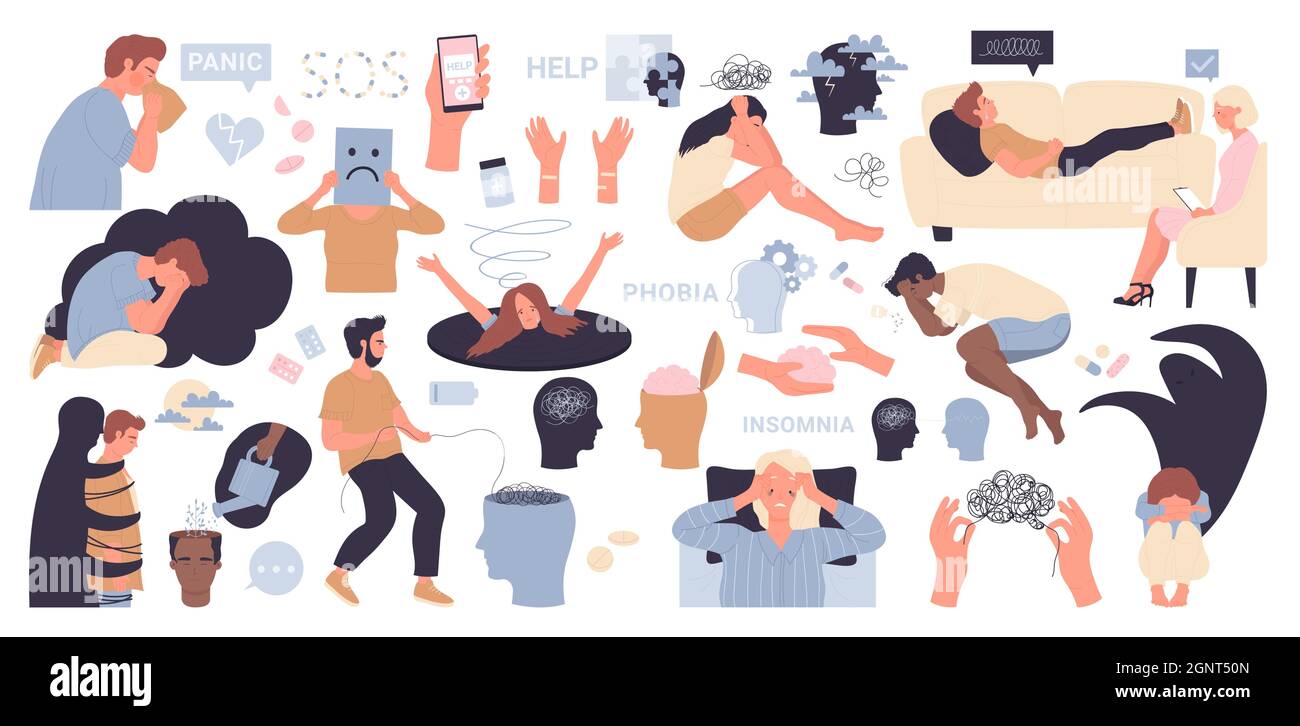 Mental disorder, stress anxiety health problem set vector illustration ...