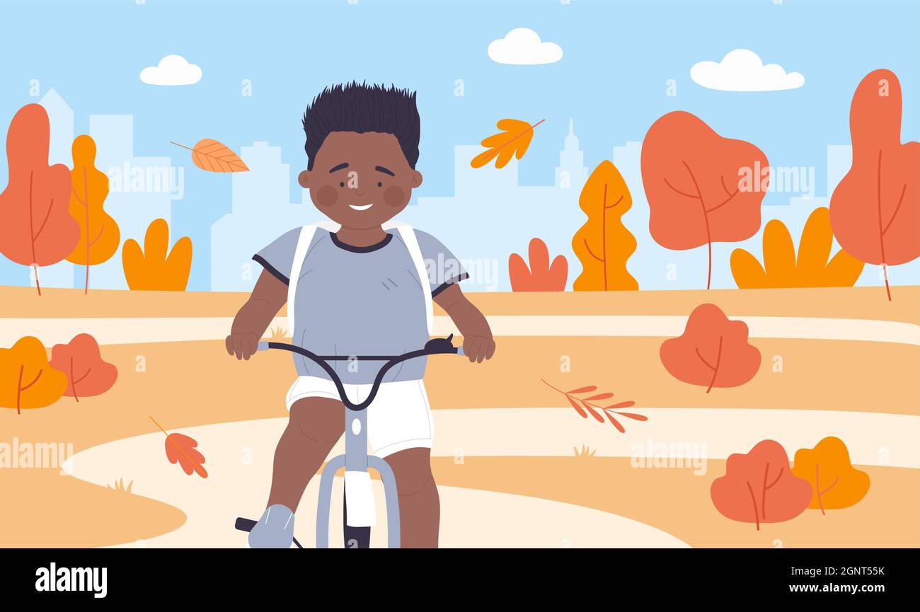 Preschool child cycling on road of autumn city park landscape vector ...