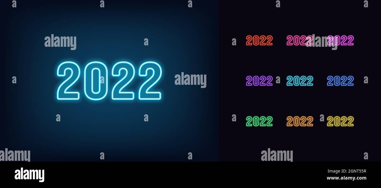 Outline neon 2022 icon. Glowing neon 2022 year sign, number set in ...