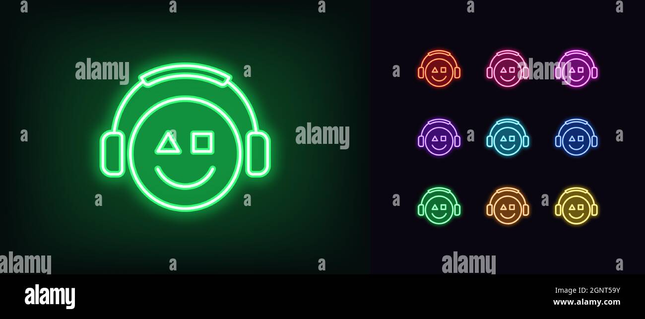 Outline neon gamer icon. Glowing neon emoticon gamer with headphones ...