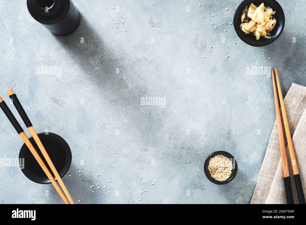 blue empty food background with sushi and asian food theme and concept ...