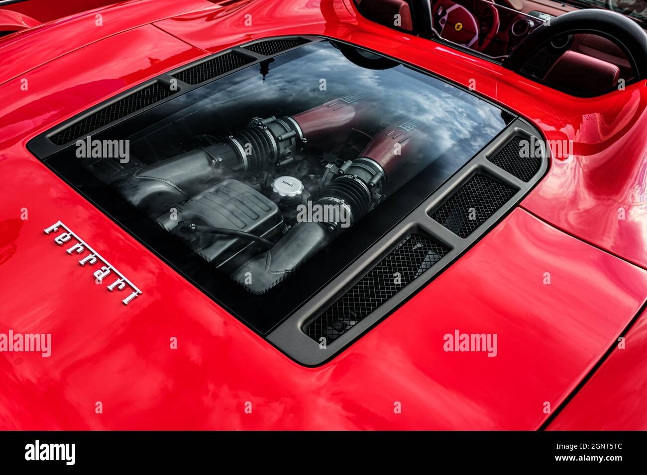 Sibiu City, Romania - 12 August 2021. the engine of a Ferrari car ...