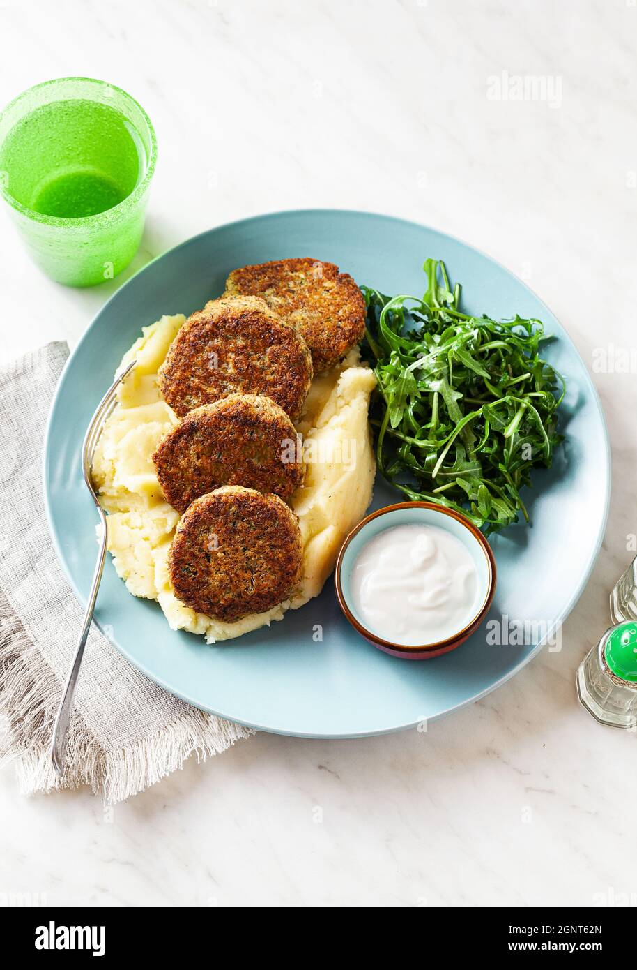 vegan lentil cutlets without meat with potatoes and salad. healthy ...
