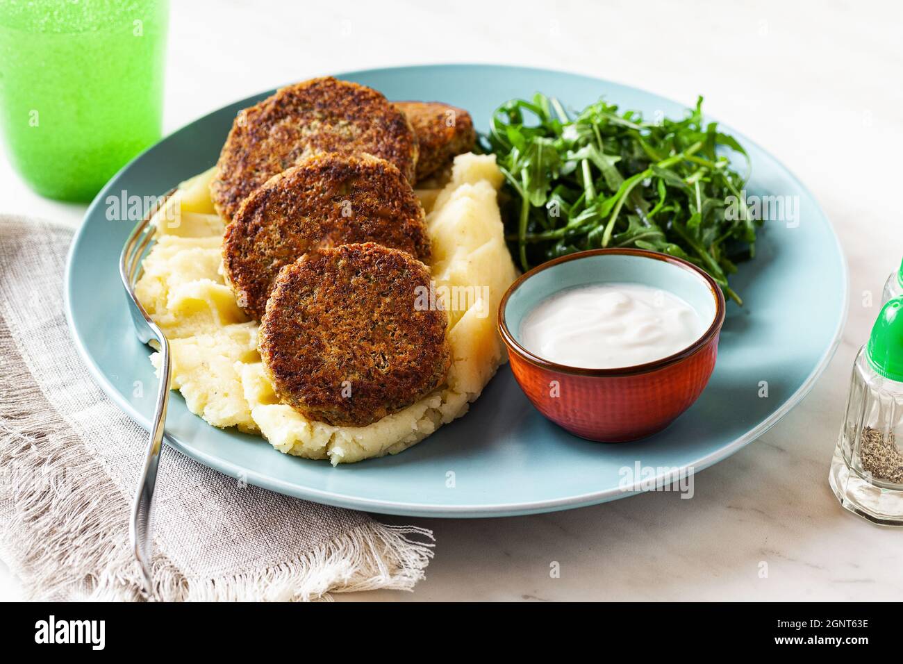 vegan lentil cutlets without meat with potatoes and salad. healthy ...